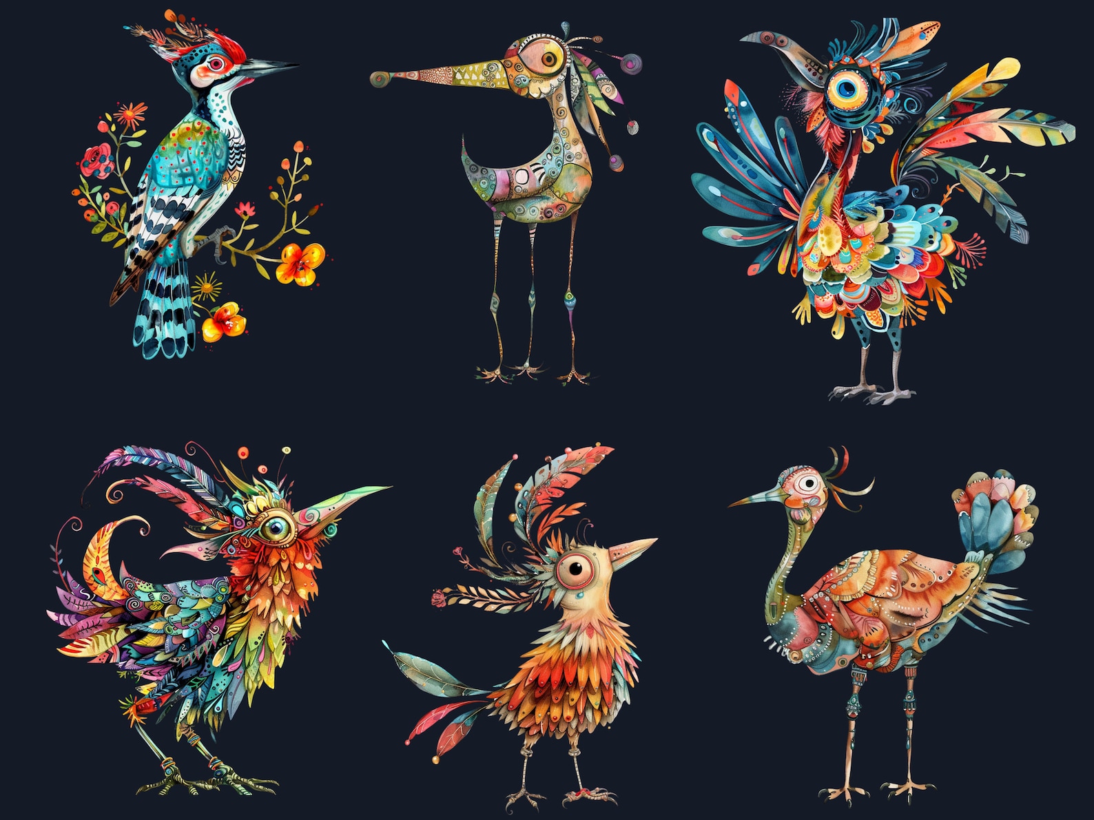 45 PNG Watercolor Quirky Birds Clipart, Whimsical Crazy Birds ...