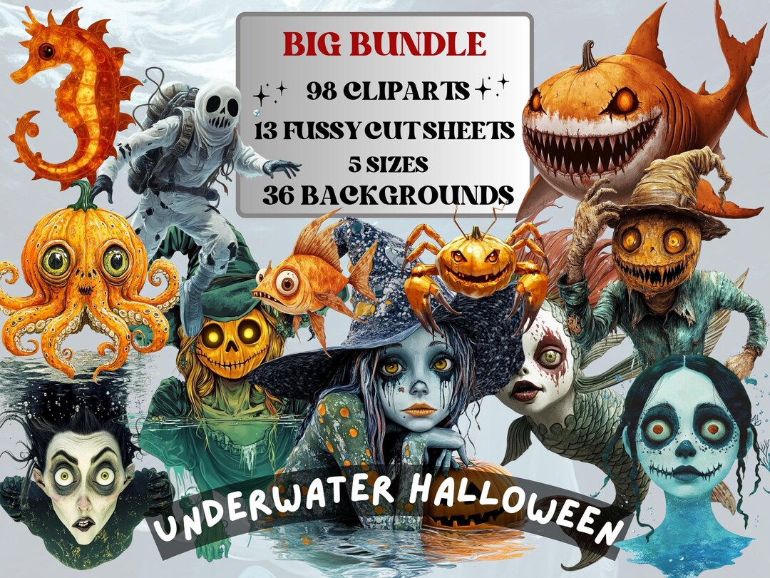 Underwater Halloween Collage Elements Bundle, Under the Sea Halloween ...