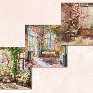 Printable Watercolor Spring Scenes Digital Paper, Cozy Spring ...