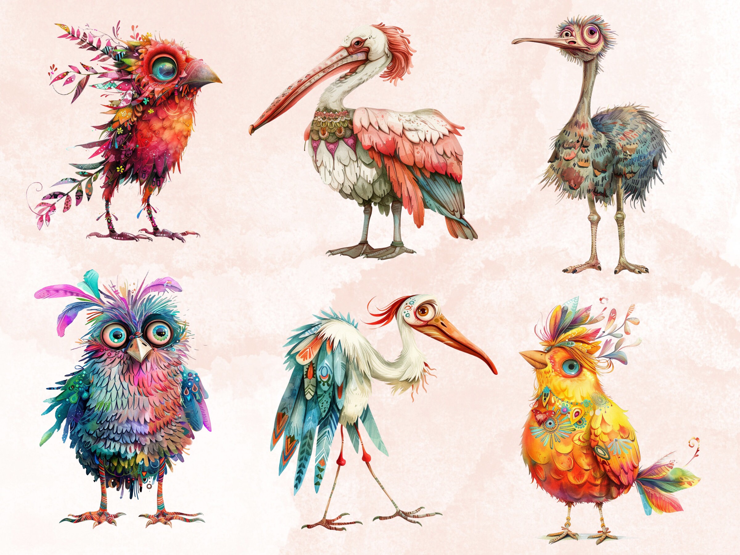 45 PNG Watercolor Quirky Birds Clipart, Whimsical Crazy Birds ...