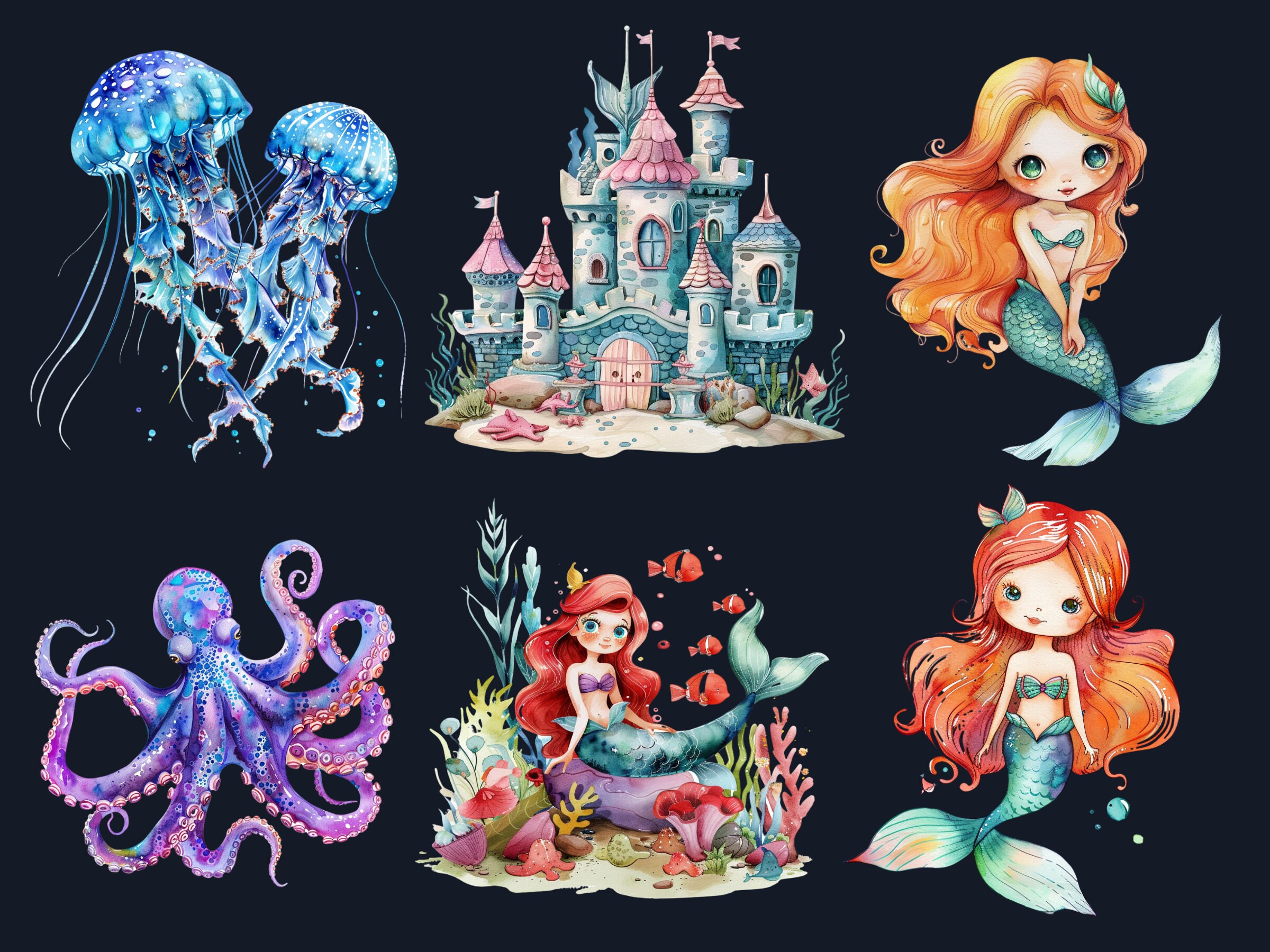 80 PNG Watercolor Mermaid Nursery Clipart, Little Mermaid Baby Shower ...