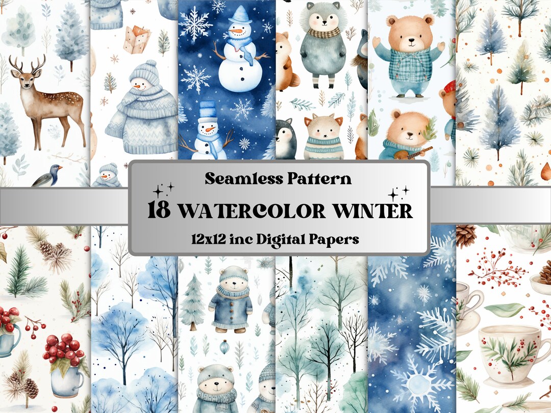 Seamless Watercolor Winter Digital Paper Pack, Snowy Holiday Repeating ...