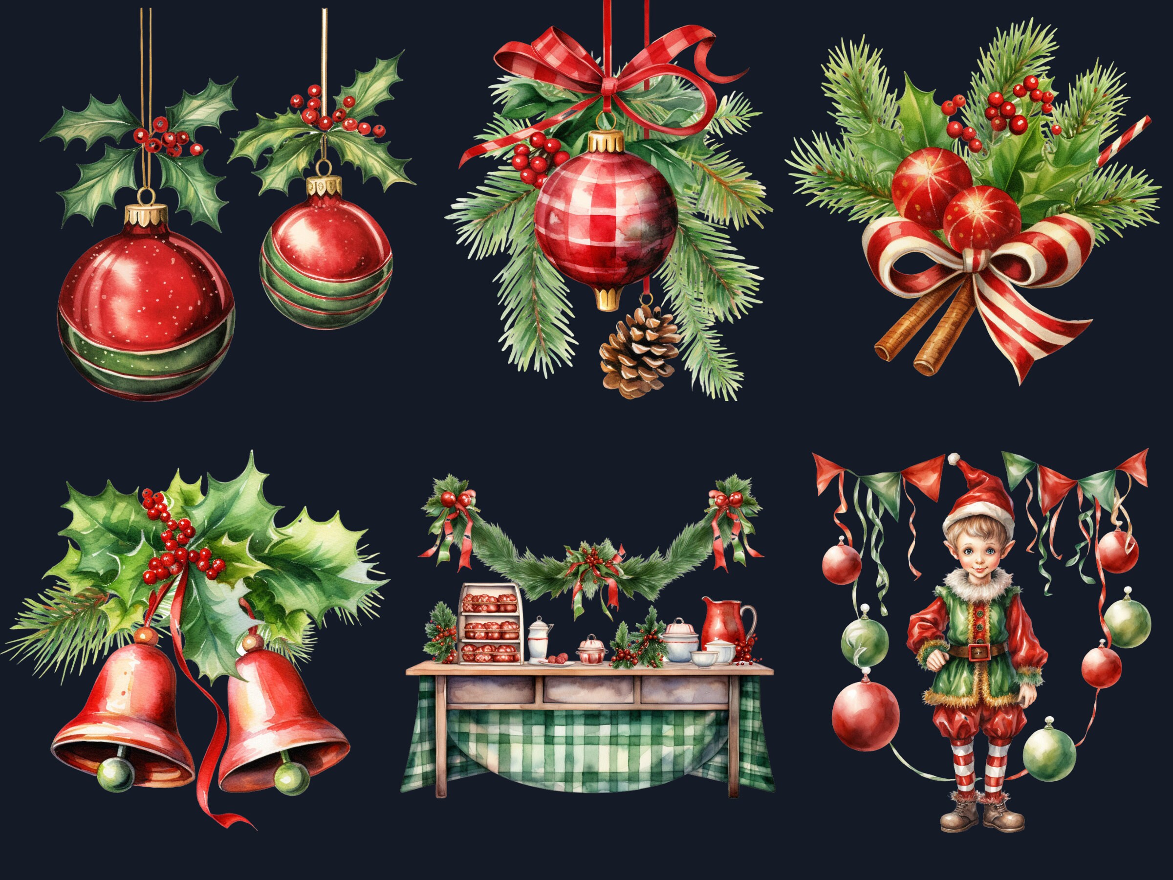45 PNG Watercolour Red Green Christmas Clipart, Classic Christmas ...