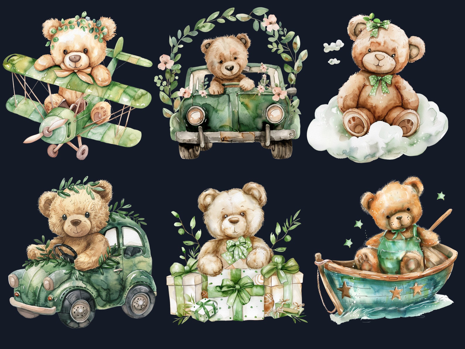 40 PNG Watercolor Green Teddy Bear Clipart, Boho Baby Shower ...