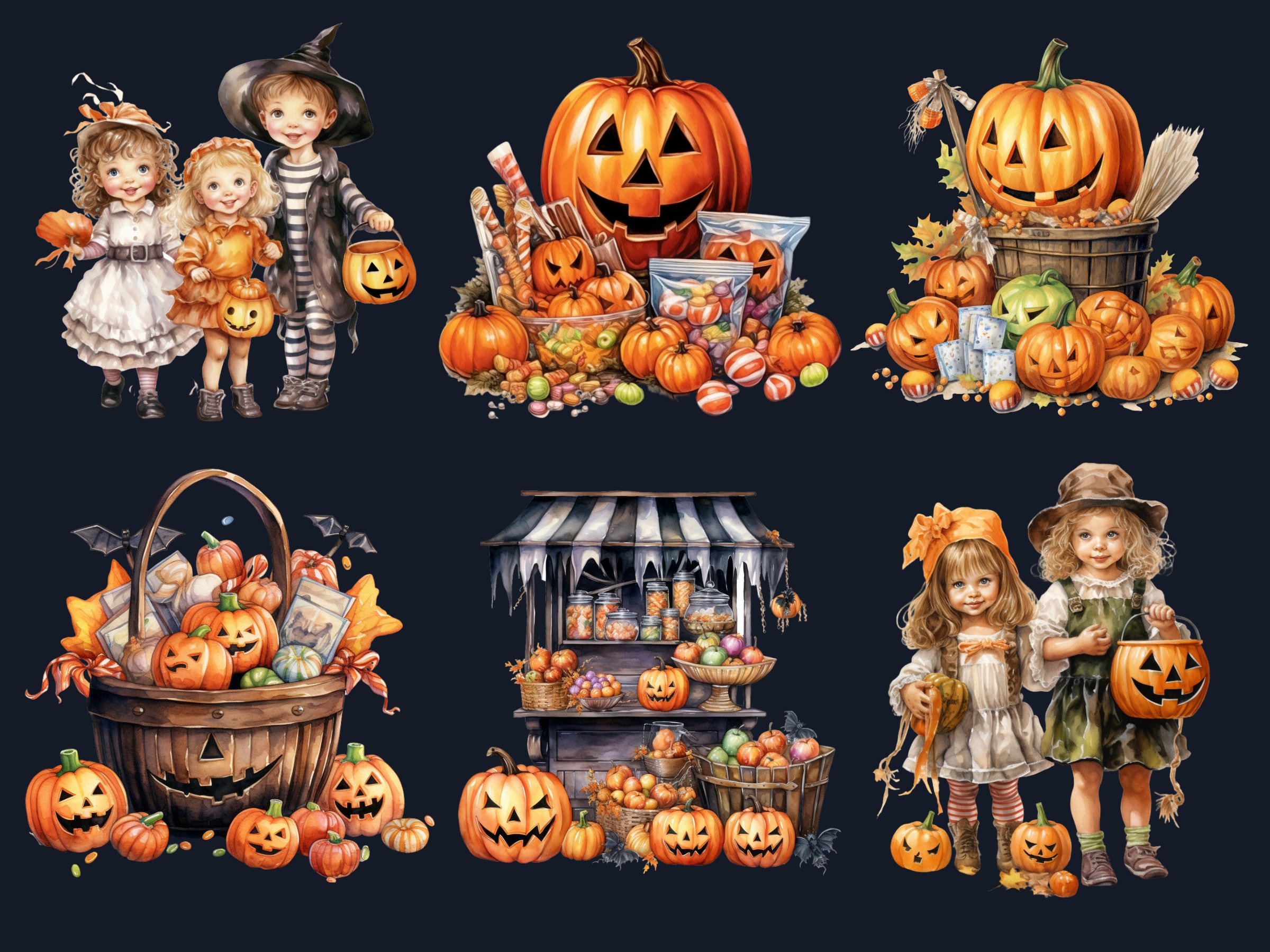 45 PNG Watercolor Trick or Treat Clipart, Vintage Halloween Kids ...