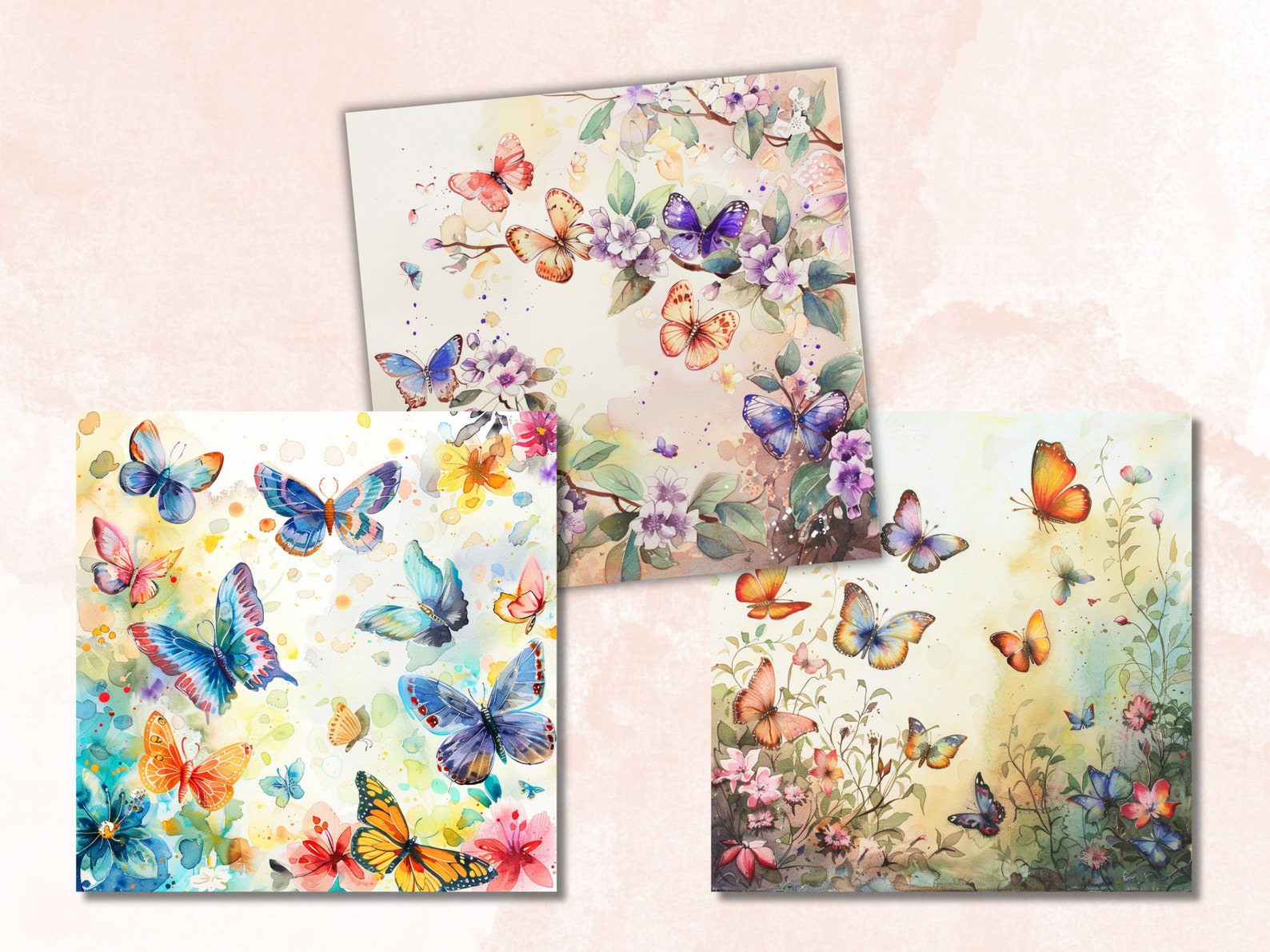 Watercolor Spring Butterflies Digital Paper, Floral Butterfly Junk ...