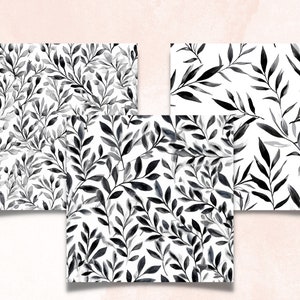 Seamless Watercolour Black and White Leaves Digital Paper, Minimalist ...
