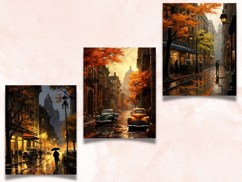 Printable Cozy Fall City Digital Paper, Rainy Day Autumn Background ...