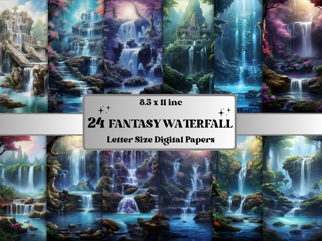 Printable Fantasy Waterfall Digital Paper, Mountain River Background ...