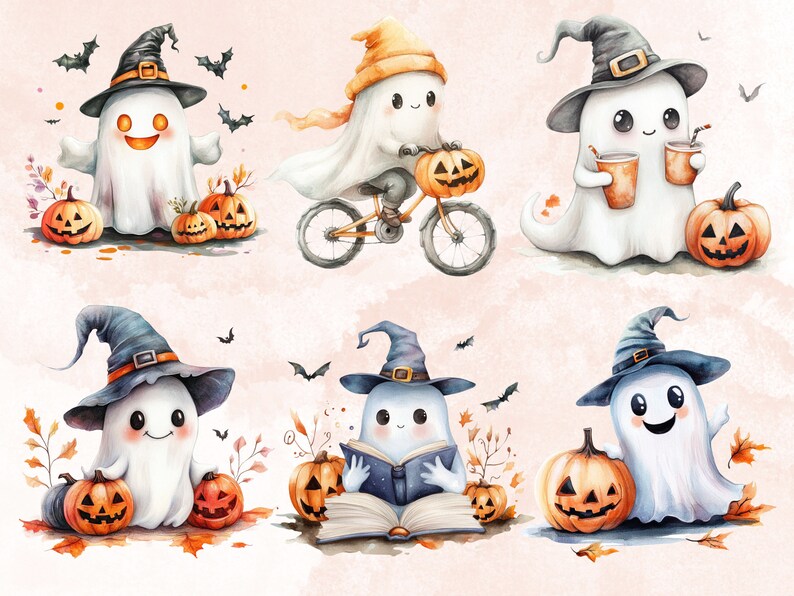 25 PNG Watercolor Cute Halloween Ghost Clipart, Kawaii Pumpkin ...