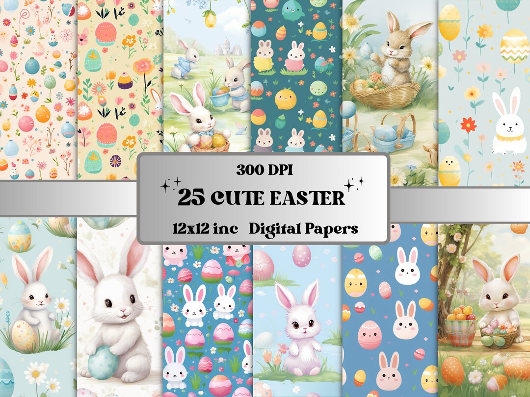 Printable Cute Easter Digital Paper, Nursery Bunny Ephemera Collage ...