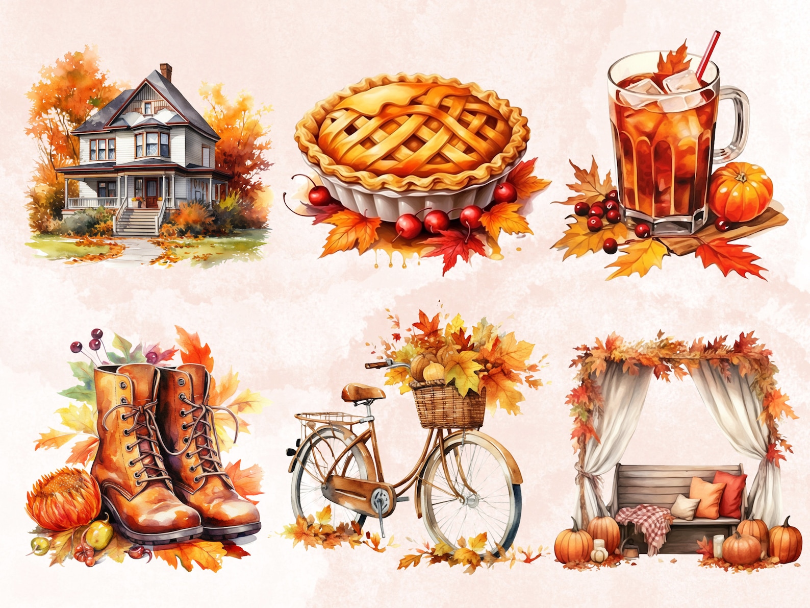 90 PNG Watercolor Fall Big Bundle Clipart, Rustic Autumn Illustrations ...