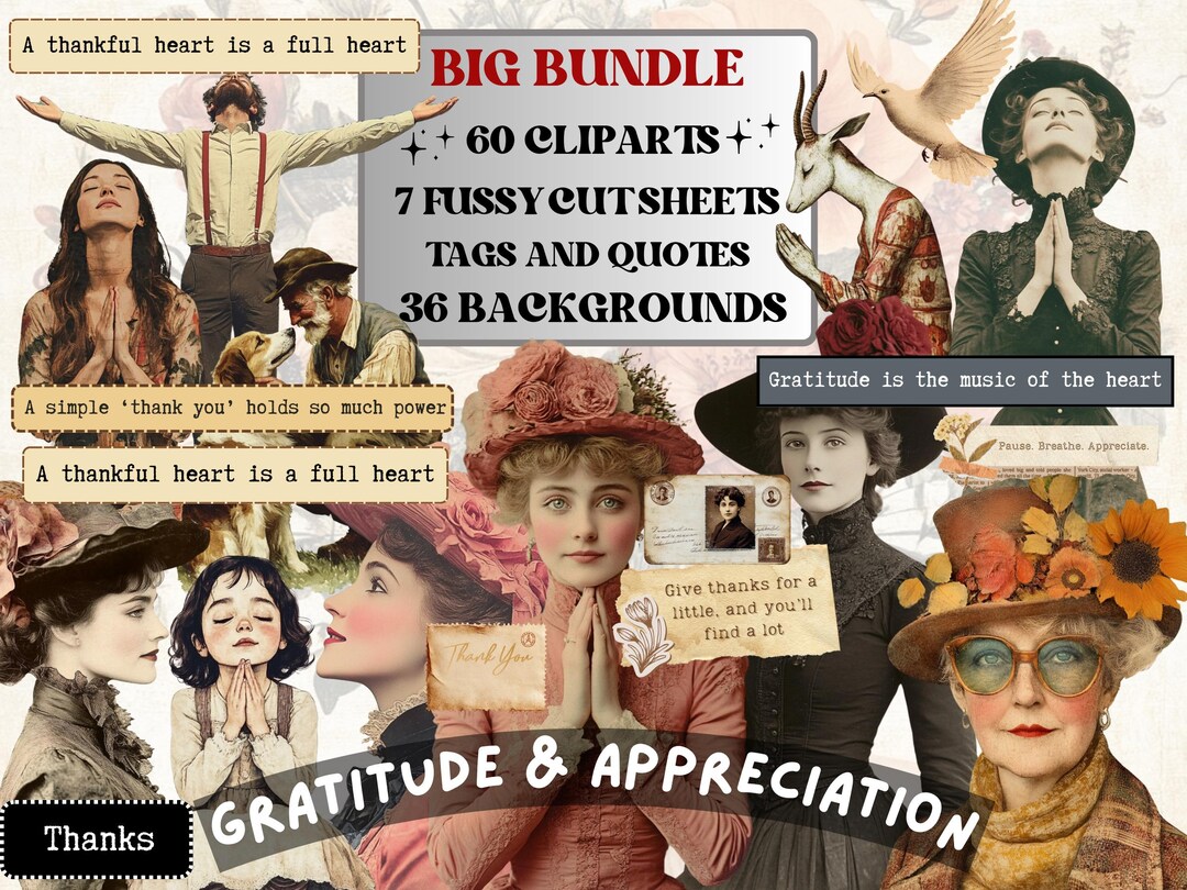 Gratitude & Appreciation Collage Pack, Whimsical Ephemera Fussy Cut ...