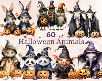 32 PNG Watercolor Halloween Animals Clipart, Cute Halloween Creatures ...