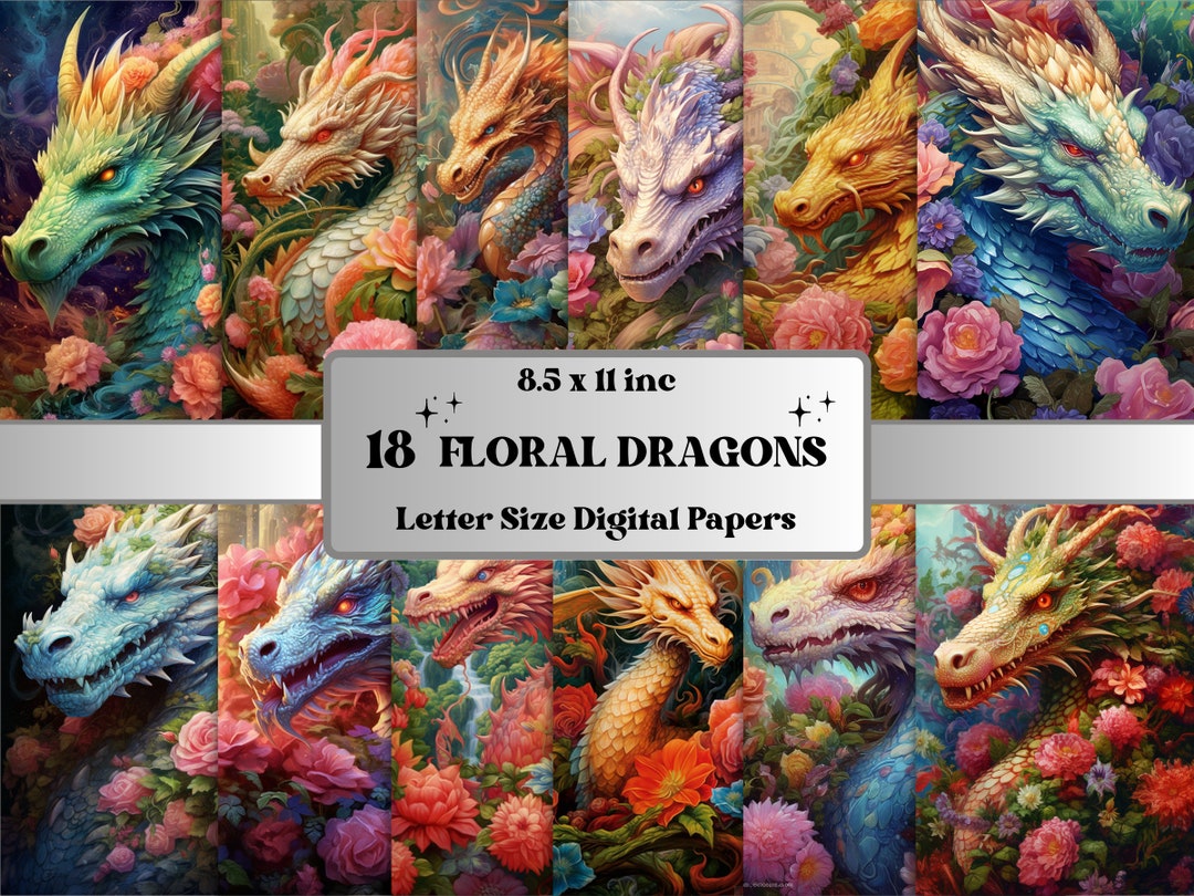 Printable Fantasy Floral Dragons Digital Paper, Rainbow Dragon Digital ...
