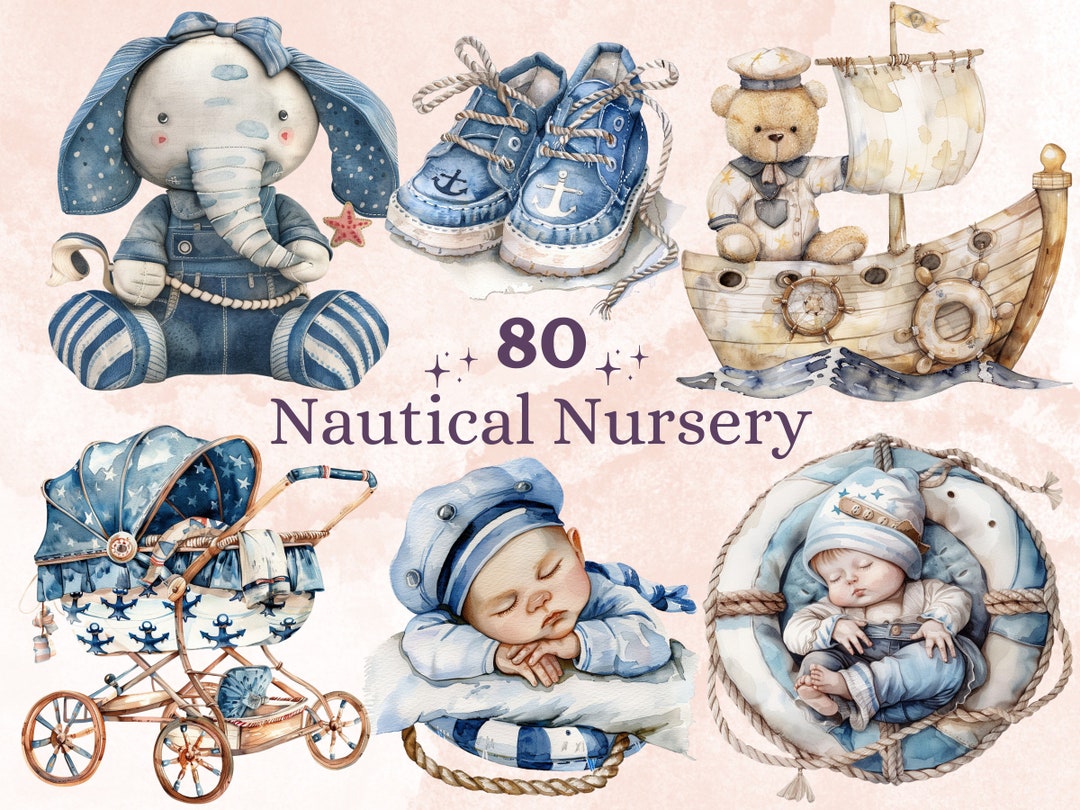 80 PNG Watercolor Nautical Nursery Clipart, Little Sailor Baby Shower ...