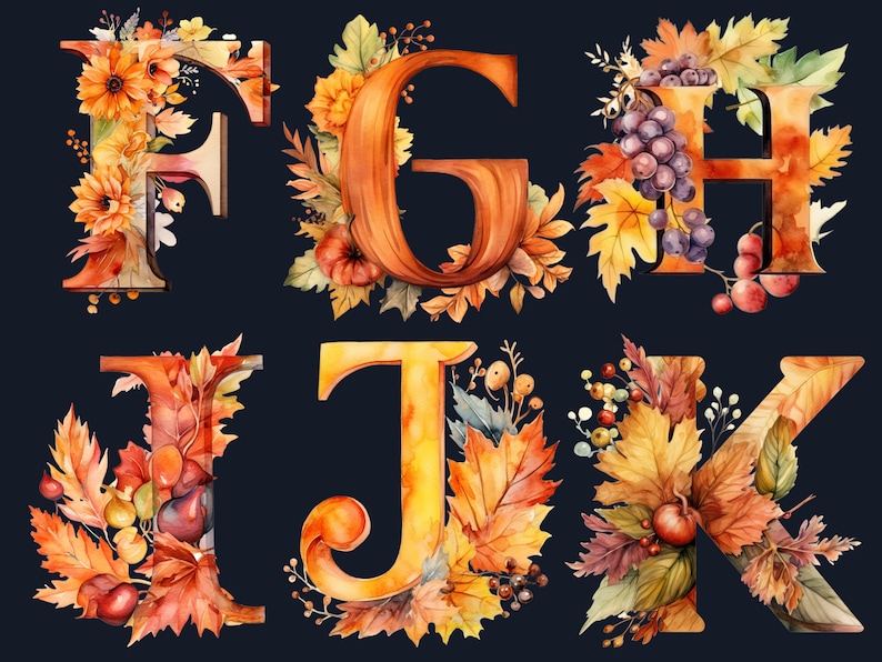 25 PNG Watercolor Fall Alphabet Clipart, Floral Autumn Letters ...