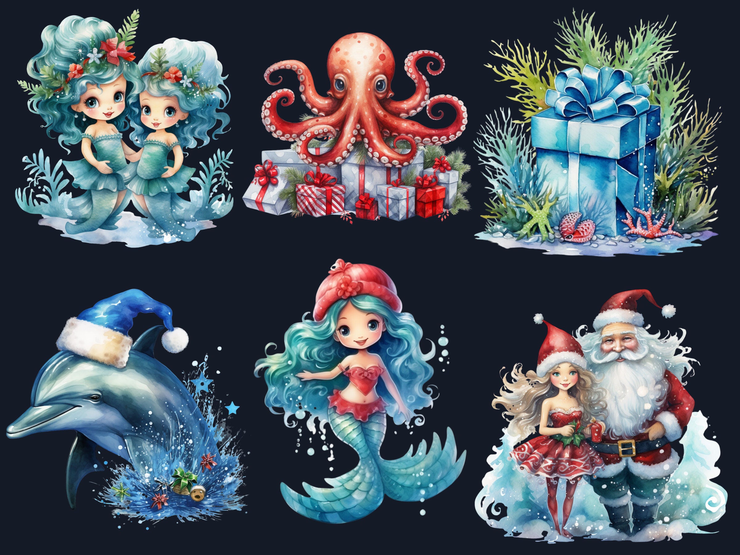 40 PNG Watercolour Christmas Mermaid Clipart, Christmas Underwater ...