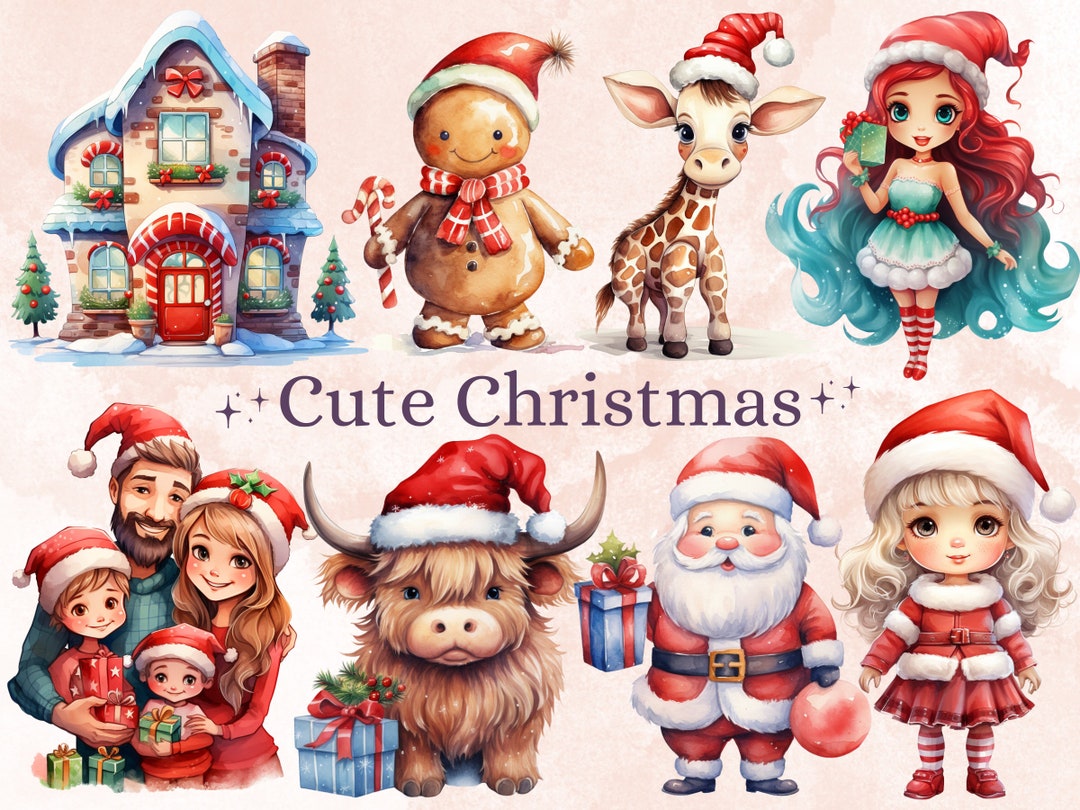 40 PNG Watercolour Cute Christmas Bundle Clipart, Kawaii Christmas ...