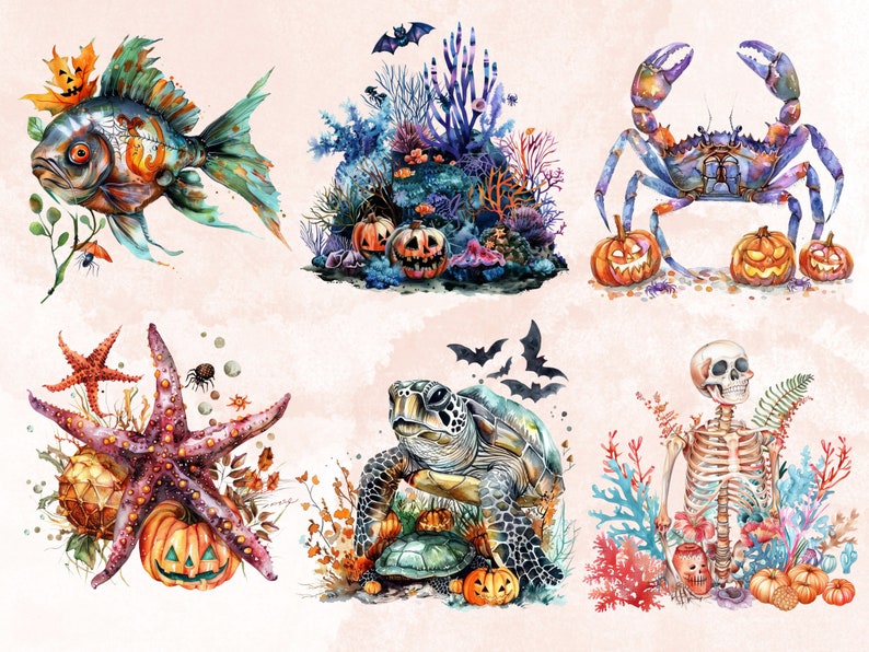 40 PNG Watercolor Underwater Halloween Clipart, Fantasy Halloween ...