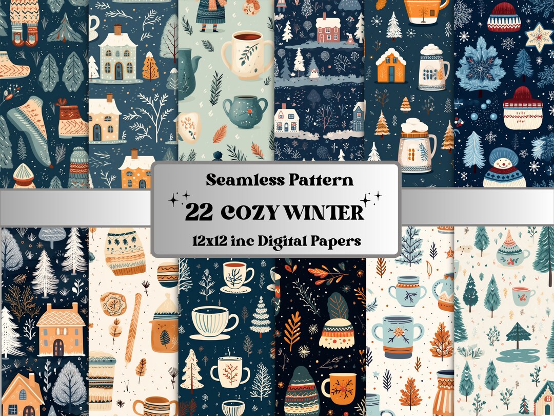 Seamless Cozy Winter Digital Paper Pack, Snowy Holiday Repeating ...