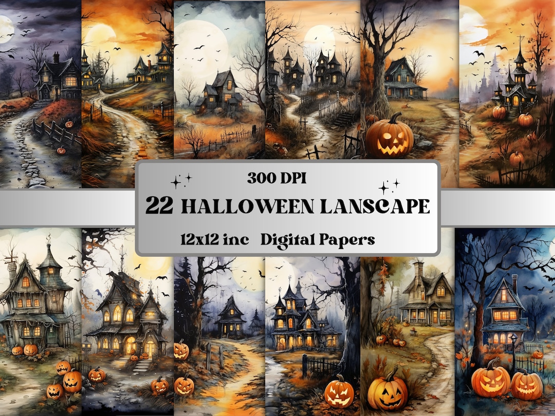 Printable Halloween Landscape Digital Paper, Watercolor Halloween ...