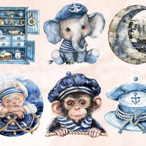 80 PNG Watercolor Nautical Nursery Clipart, Little Sailor Baby Shower ...