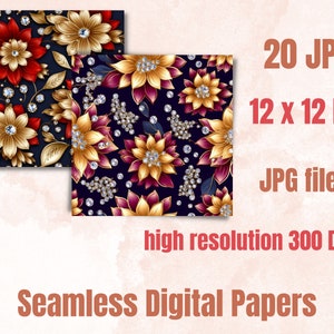 Seamless Royal Flowers Digital Paper, Jewelled Floral Seamless Pattern ...