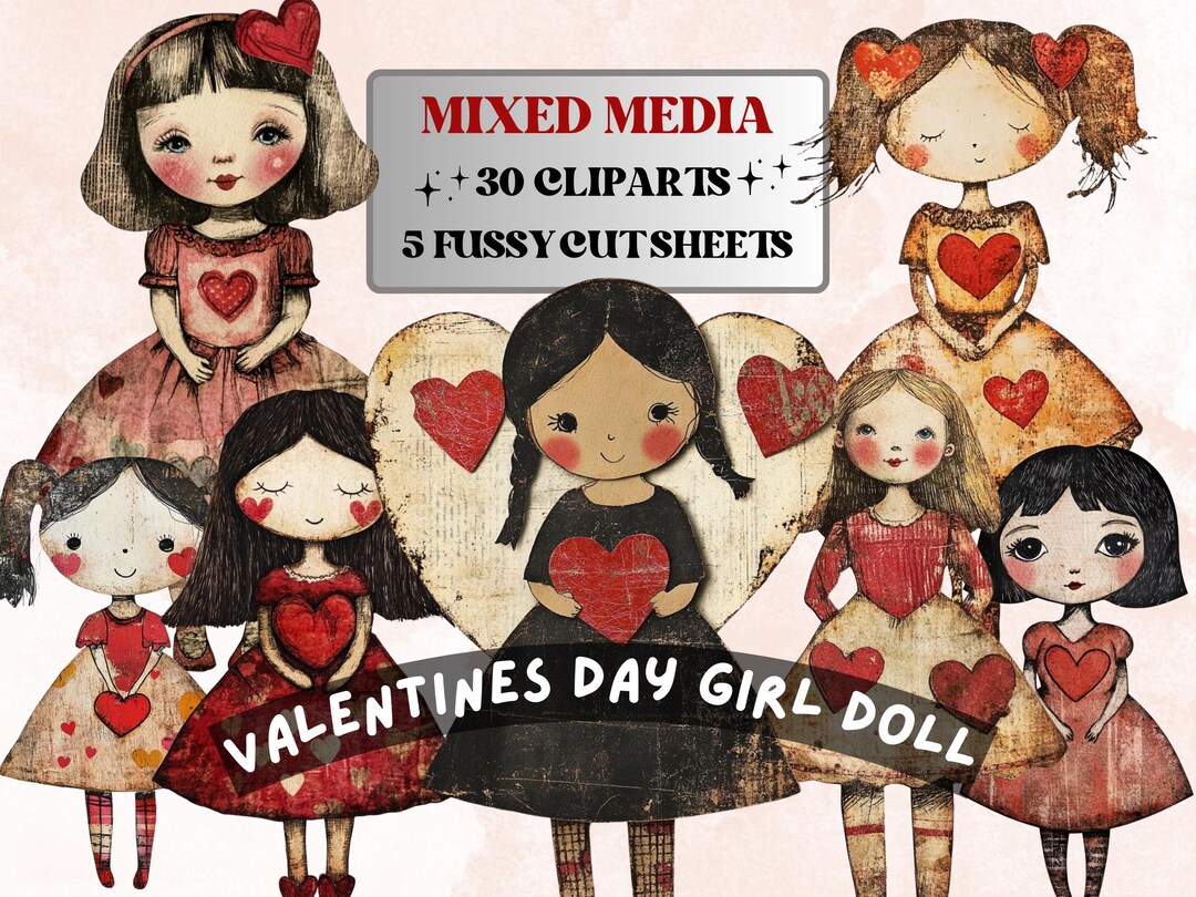 Valentines Day Paper Doll Mixed Media Clipart, Valentine Girl Fussy Cut ...