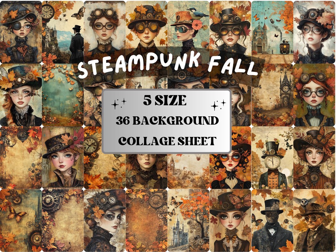 Steampunk Fall Collage Paper, Steampunk Autumn Mixed Media Sheet ...