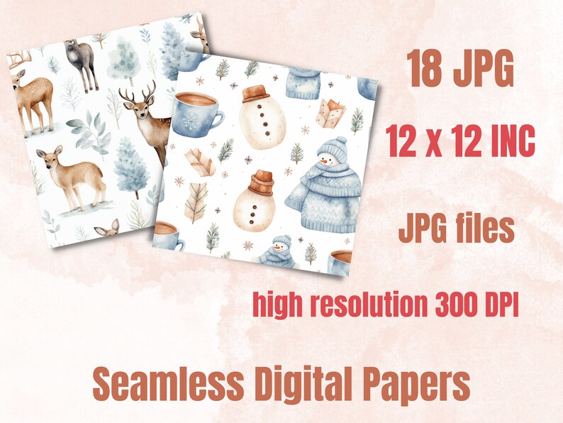 Seamless Watercolor Winter Digital Paper Pack, Snowy Holiday Repeating ...