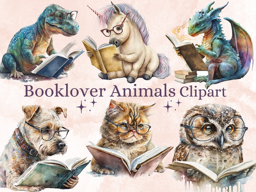 26 PNG Watercolour Booklover Animals Clipart Bundle, Reading Animals ...