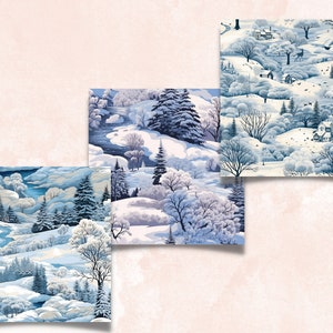 Seamless Winter Scenery Digital Paper Pack, Snowy Landscape Repeating ...
