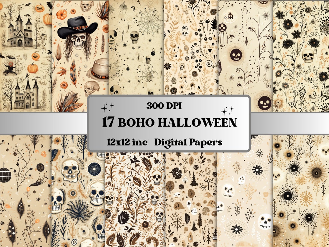 Printable Boho Halloween Digital Paper, Bohemian Halloween Ephemera ...
