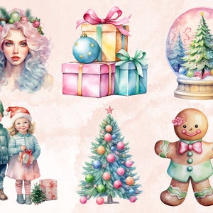 45 PNG Watercolour Pastel Christmas Bundle Clipart, Pink Blue Christmas ...