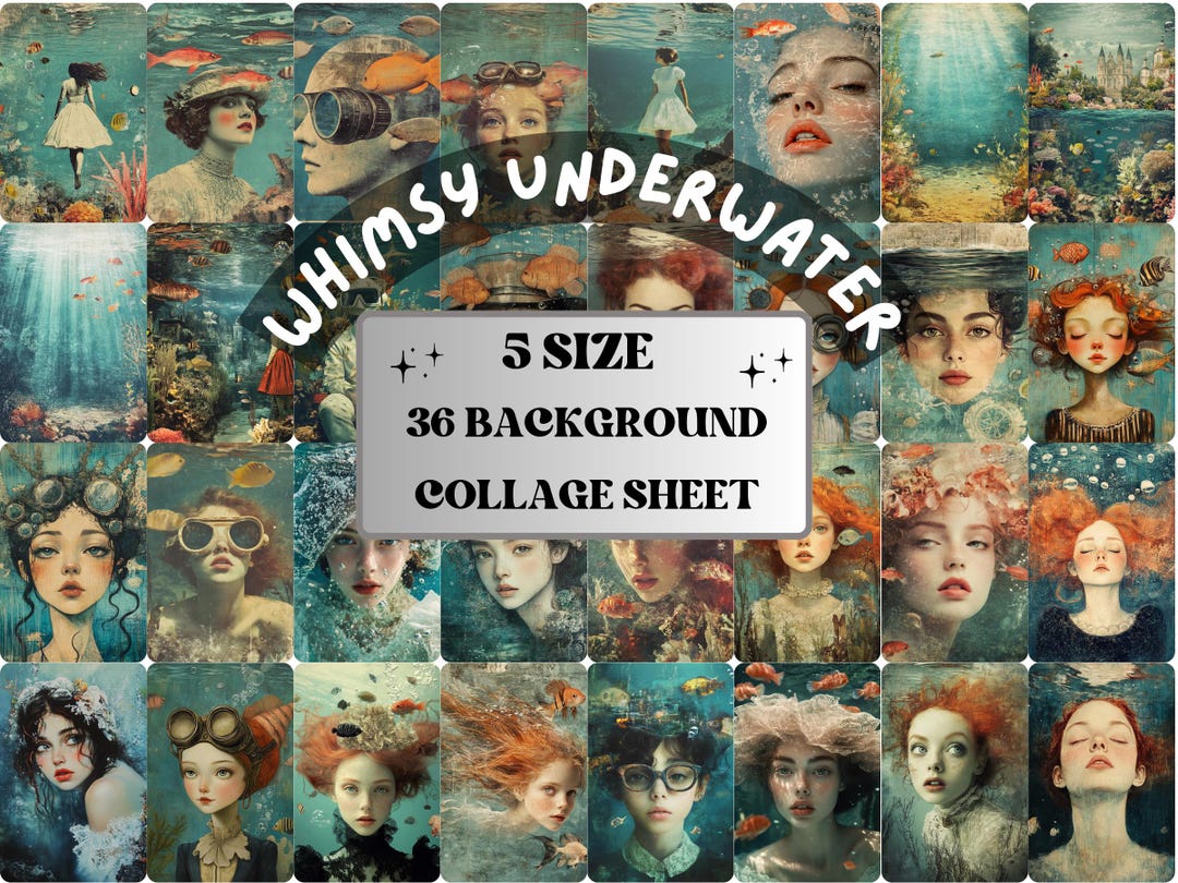 Whimsy Underwater Collage Paper, Surreal Nautical Mixed Media Sheet ...
