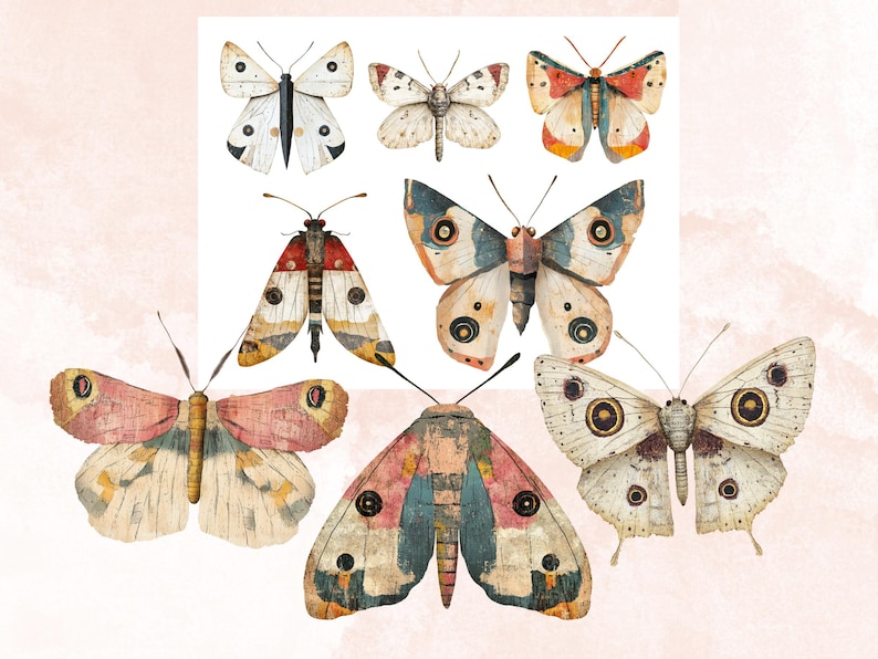 Whimsical Moths Mixed Media Clipart, Whimsy Butterfly Fussy Cut Collage ...