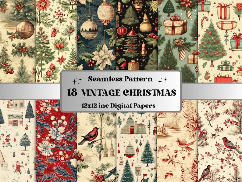 Seamless Vintage Christmas Digital Paper Pack, Winter Holiday Seamless ...