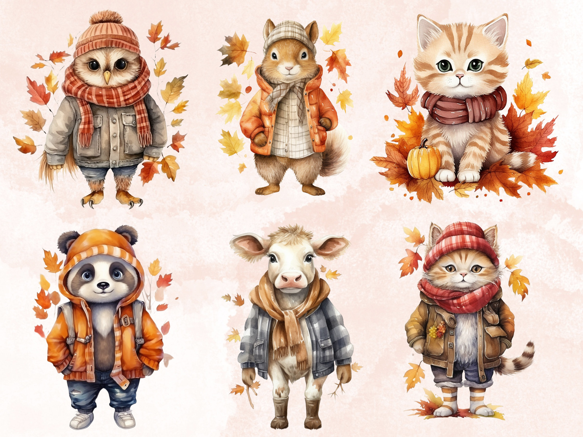 55 PNG Watercolor Fall Animals Bundle Clipart, Cute Autumn Animal ...