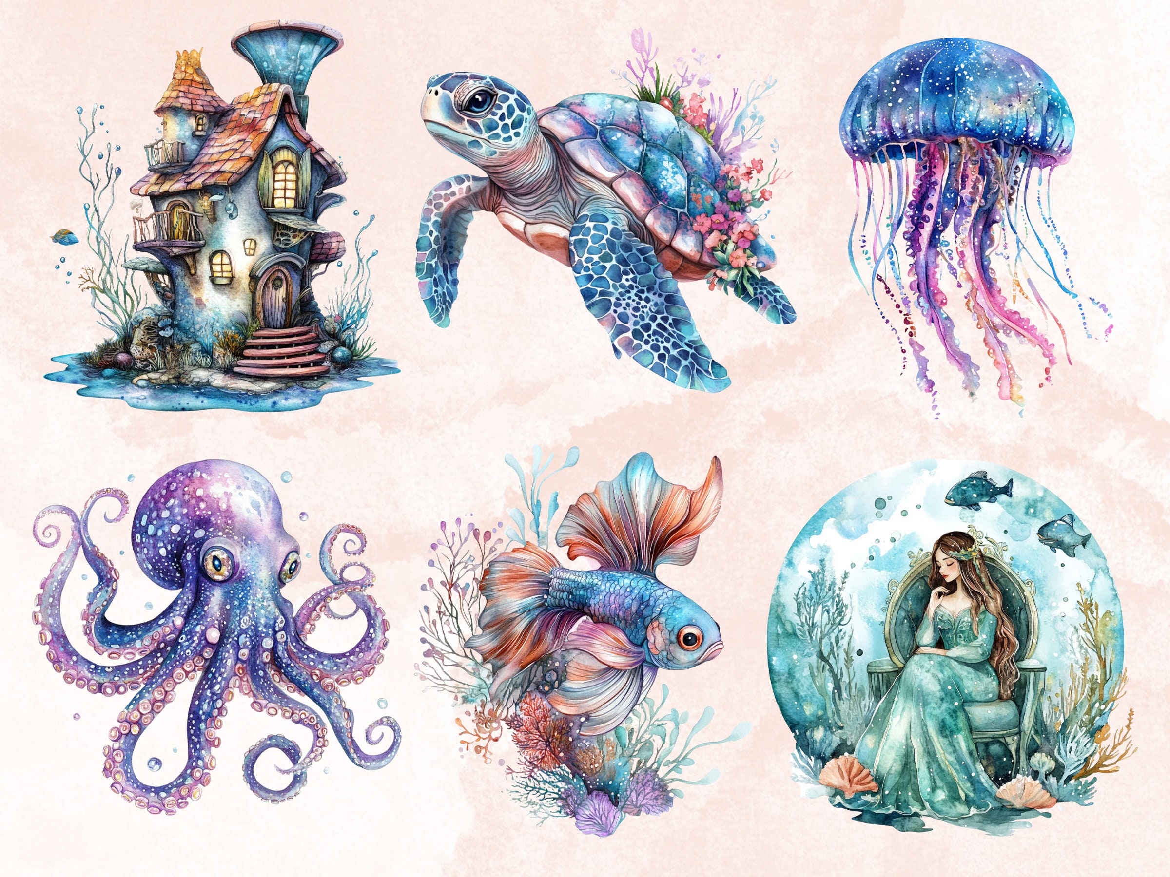 30 PNG Watercolor Magical Underwater Clipart, Ocean Fairytale Clip Art ...