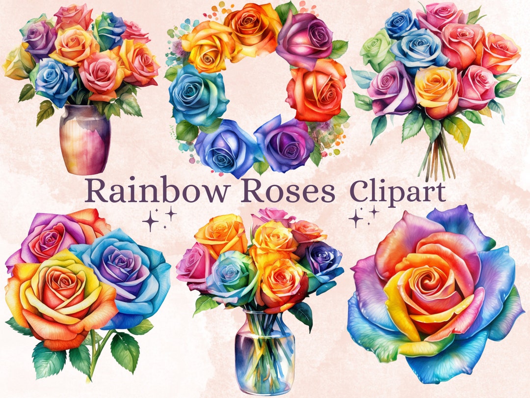 33 PNG Watercolor Rainbow Roses Clipart Bundle, Colorful Rose PNG Clip ...