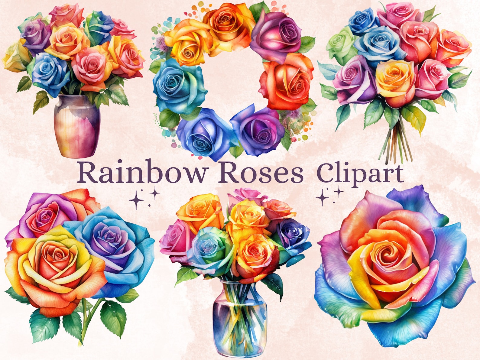 33 PNG Watercolor Rainbow Roses Clipart Bundle, Colorful Rose PNG Clip ...
