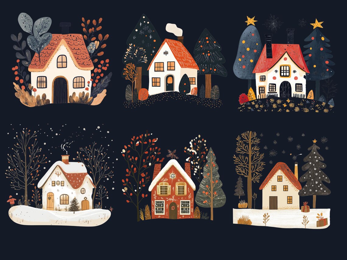 30 PNG Scandinavian Christmas House Clipart, Christmas House Folk Art ...