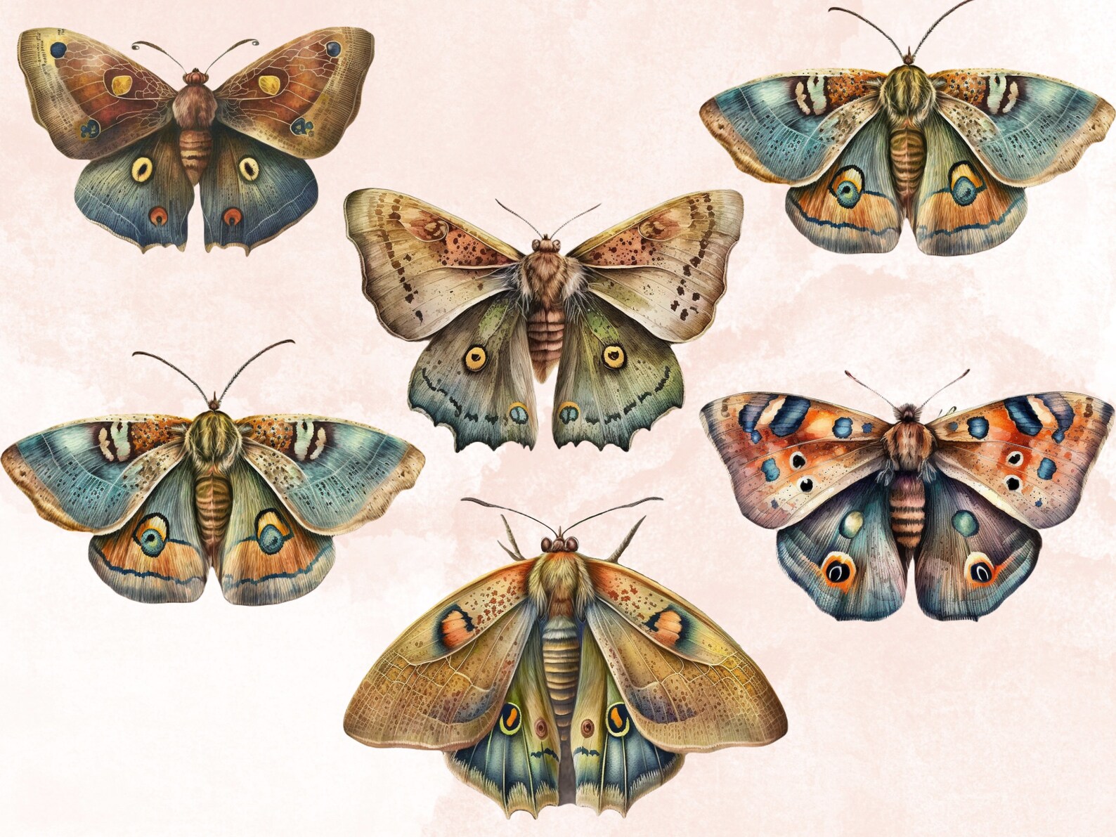 20 PNG Watercolour Retro Moths Clipart, Vintage Moth Clip Art, Retro ...