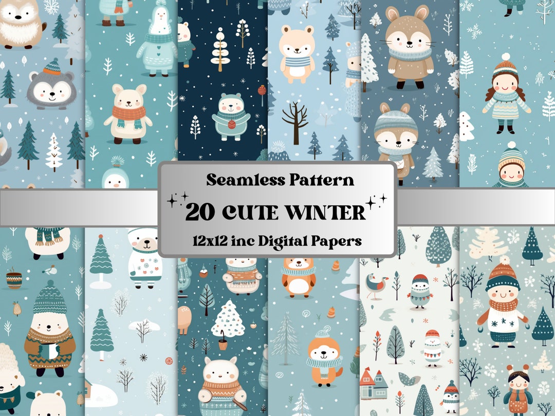 Seamless Cute Winter Digital Paper Pack, Kawaii Snowy Holiday Repeating ...