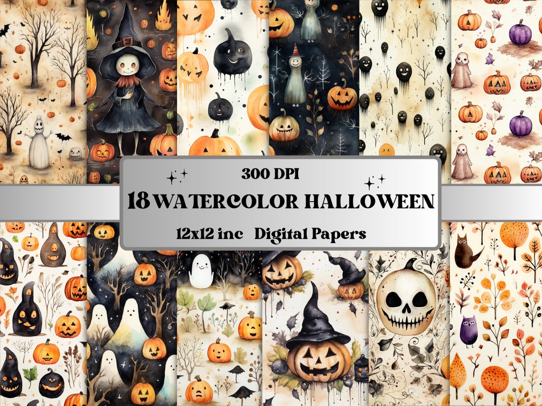 Printable Watercolor Halloween Digital Paper, Halloween Ephemera ...
