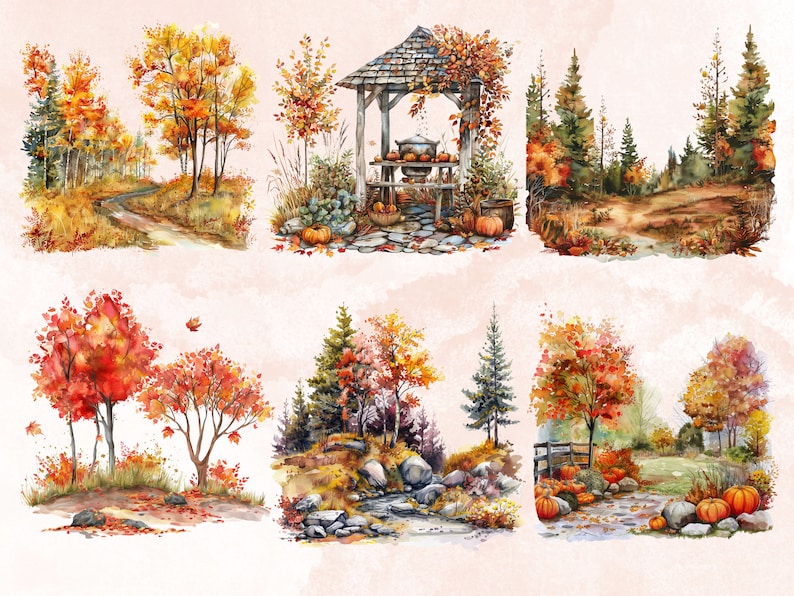 30 PNG Watercolor Autumn Landscape Clipart, Fall Forest Scenes ...