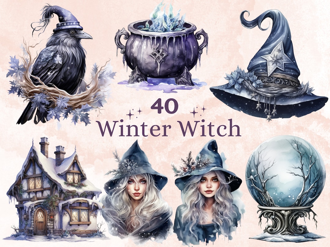 40 PNG Watercolor Winter Witch Clipart, Snow Forest Witchcraft ...