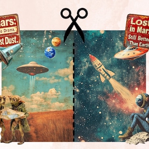 Vintage UFO Aliens Collage Set, Whimsical Surreal Celestial Cut Outs ...