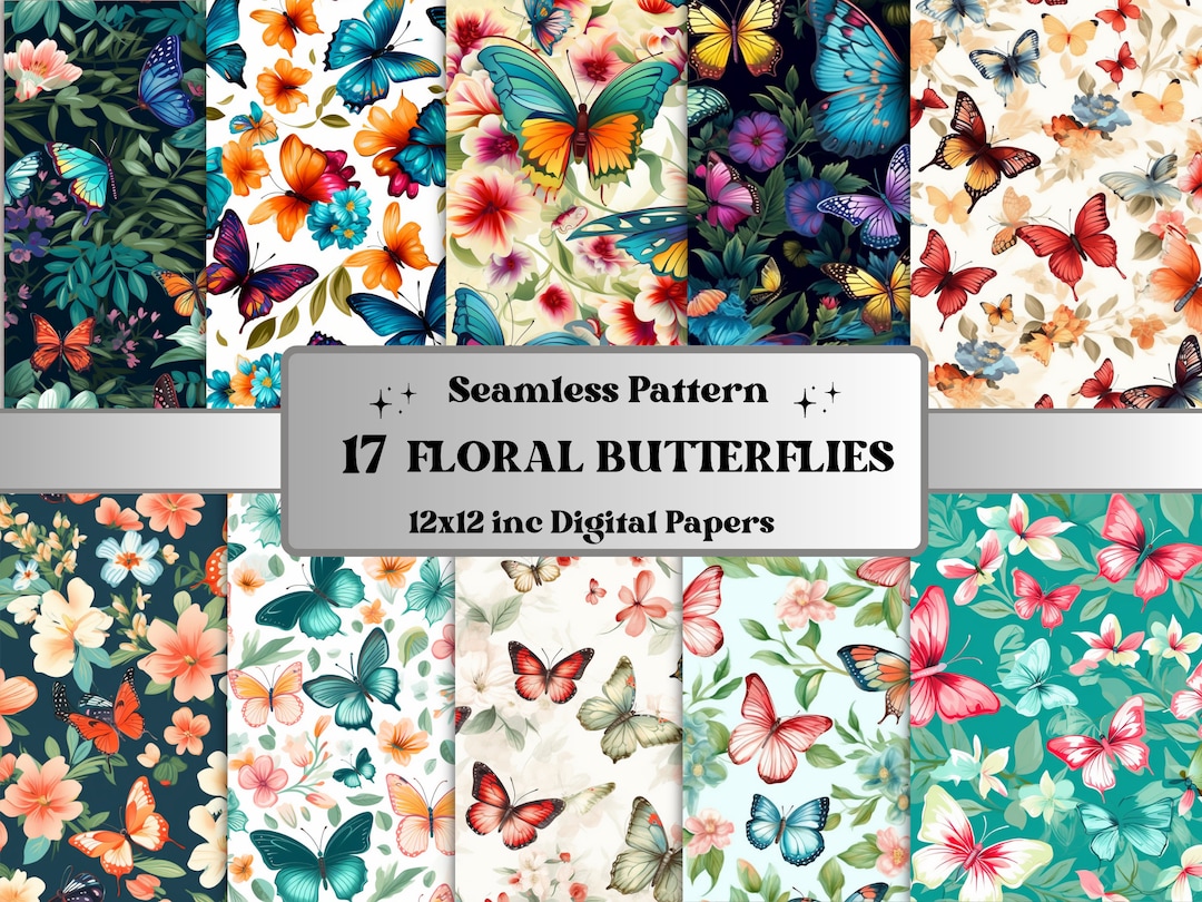 Seamless Floral Butterflies Digital Paper, Butterfly & Flowers Seamless ...